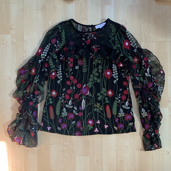 Red Carter | Tops | Red Carter Black Red Floral Blouse With Sheer ...